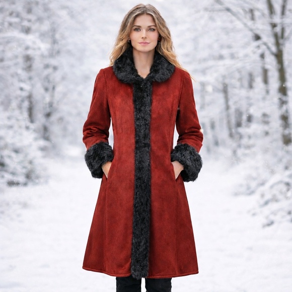 Novelti | Jackets & Coats | Novelti Red Faux Suede Faux Fur Trim Penny ...